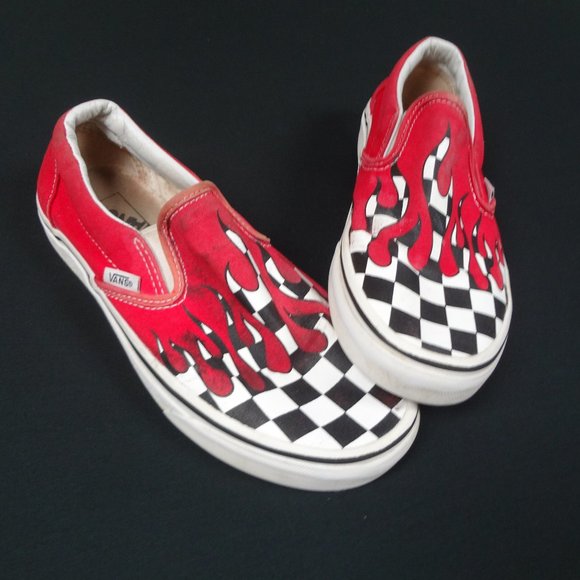 Vans | Shoes | Vans Checkerboard Flames Fire Red Black White Slip On ...